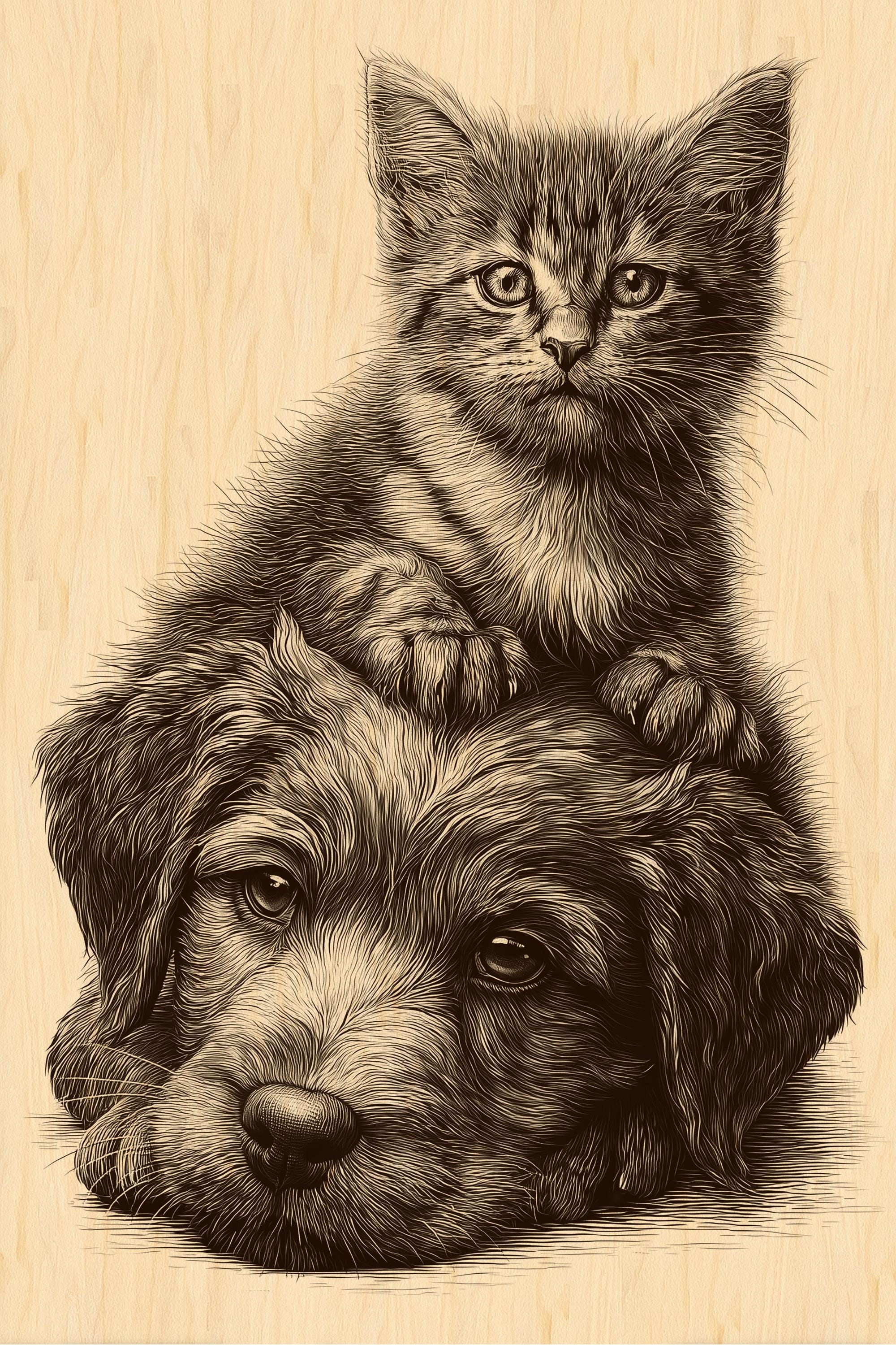 Puppy and Kitten Engraving PNG | Cute Animal Friendship Art | Rustic ...