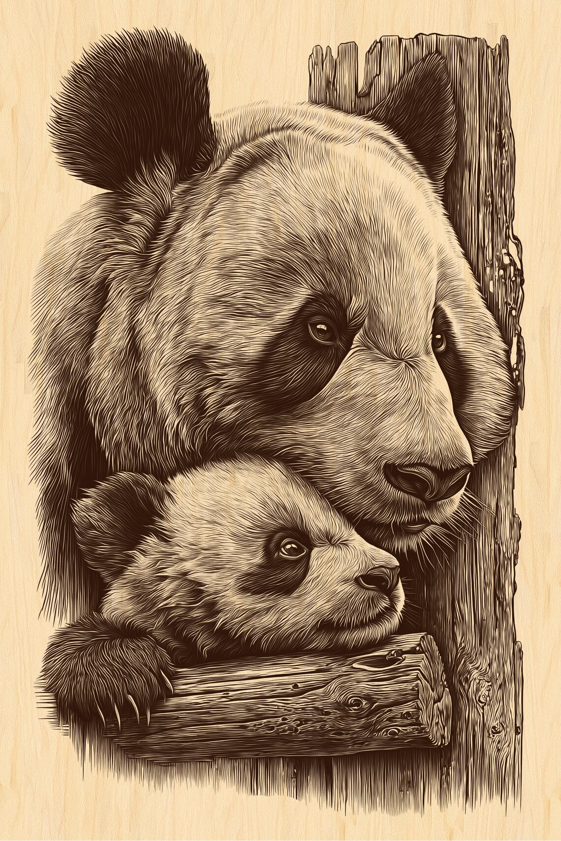 Panda Mother & Baby Wood Engraving PNG | Wildlife Laser Engraving File ...