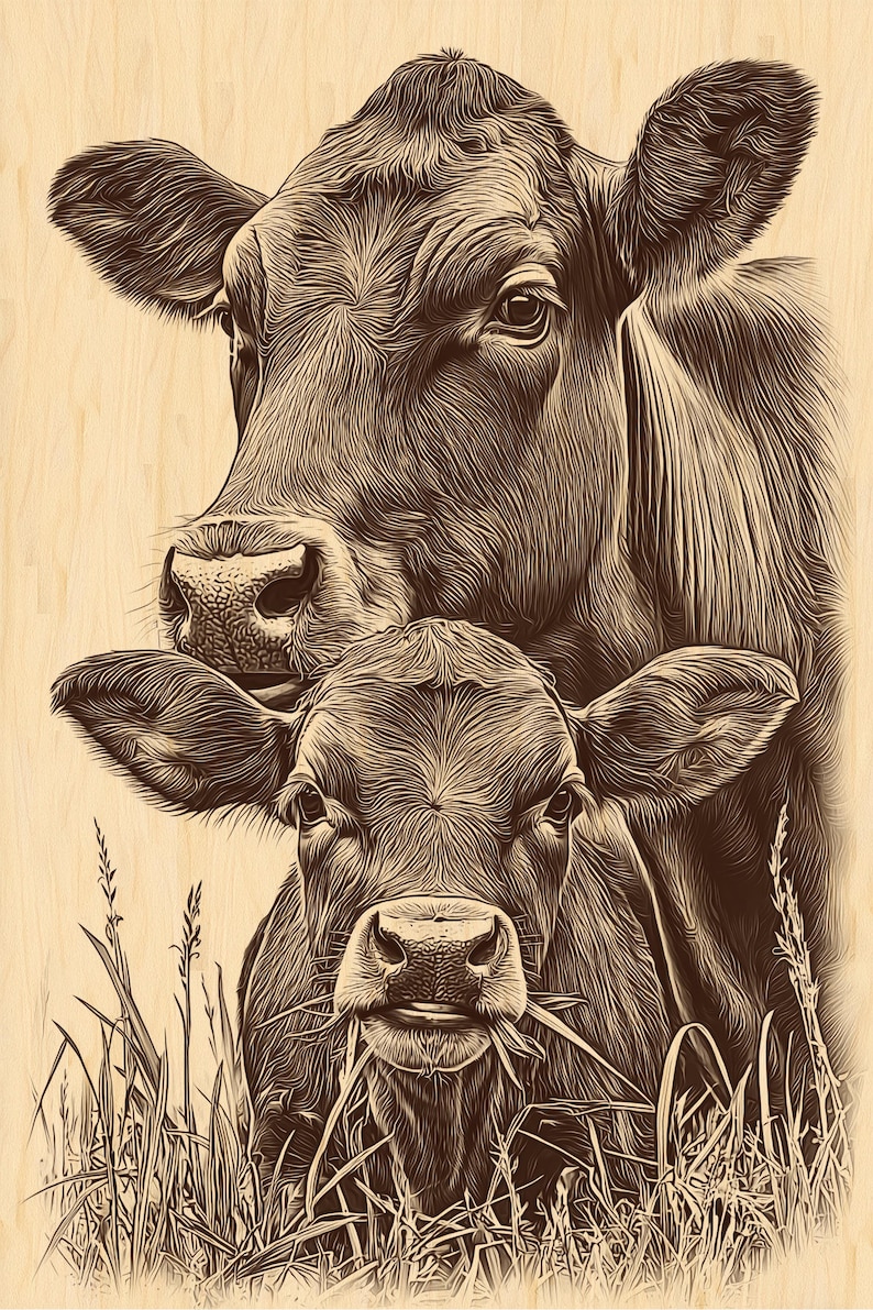 Cow & Calf PNG | Rustic Farm Animal Engraving Design | Farmhouse CNC ...