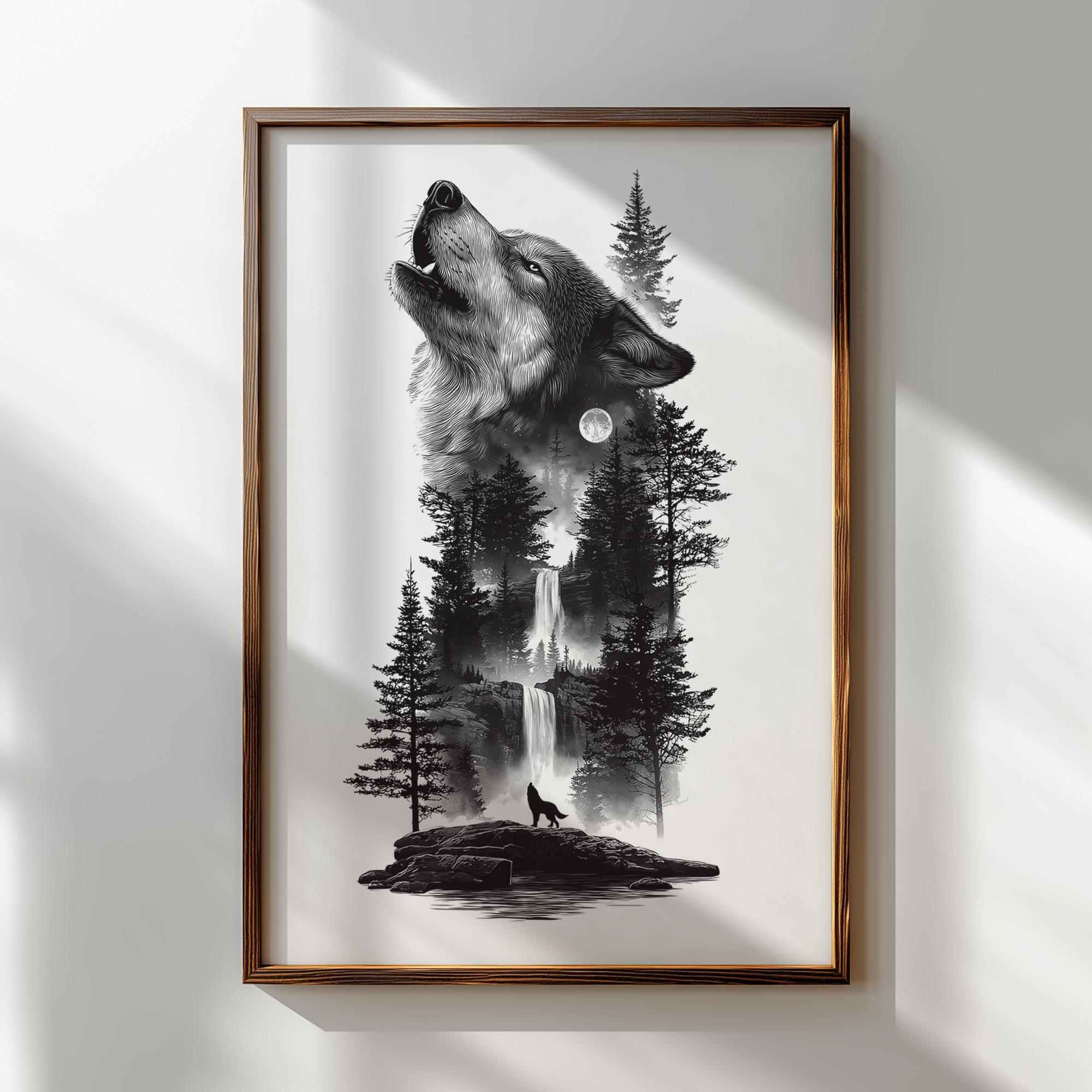 Howling Wolf Double Exposure PNG | Forest Moon Engraving Clipart for ...