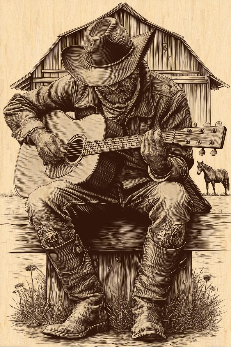 Cowboy Guitarist Engraving PNG | Western Musician Rustic Art | Laser ...