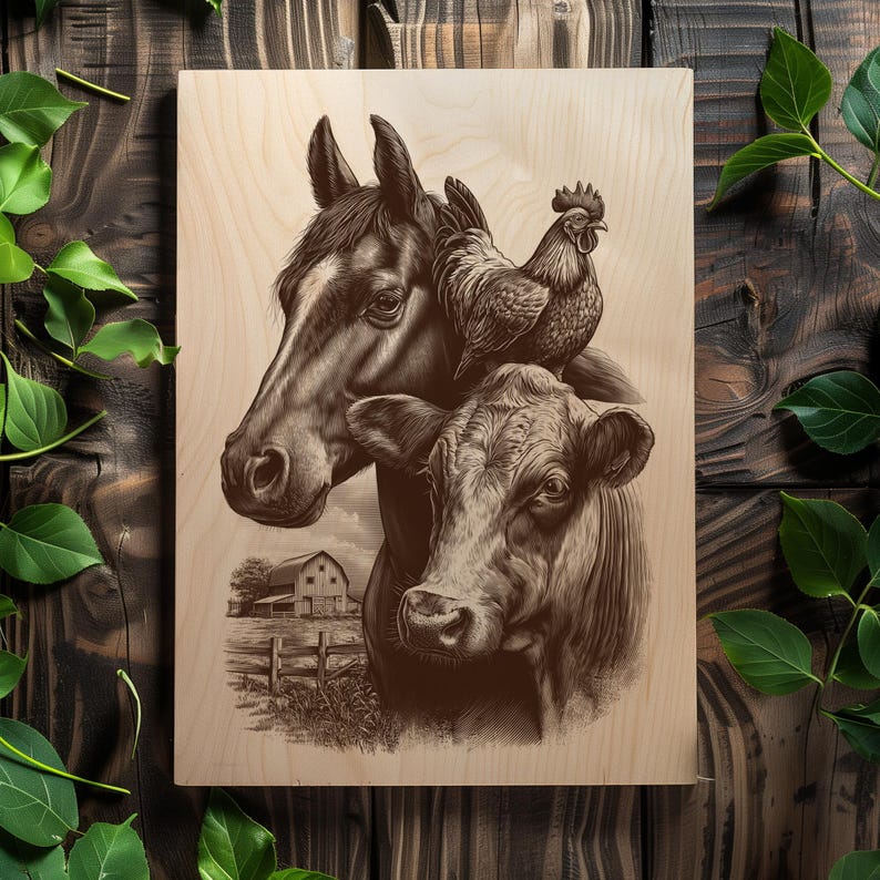 Farm Animals Engraving PNG | Horse, Cow, and Rooster Laser Engraving ...