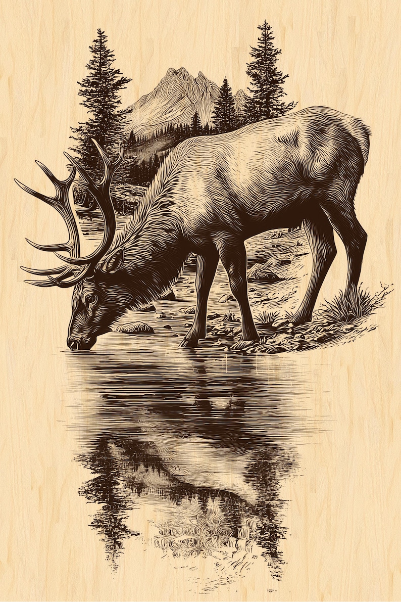 Elk Deer Wood Engraving PNG | Wildlife Rustic Laser Engraving File ...