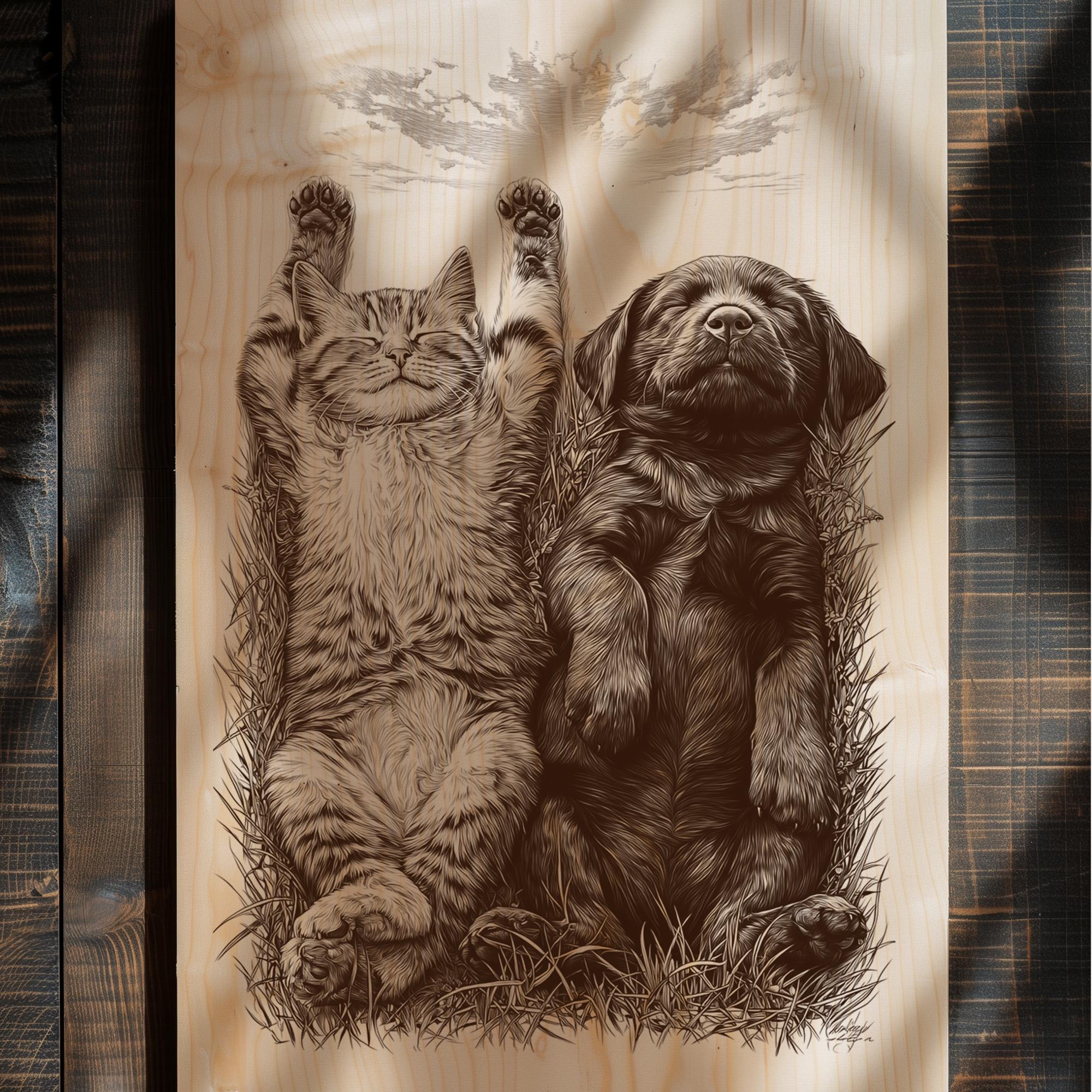 Sleeping Cat and Dog Engraving PNG | Peaceful Companions Rustic Animal ...