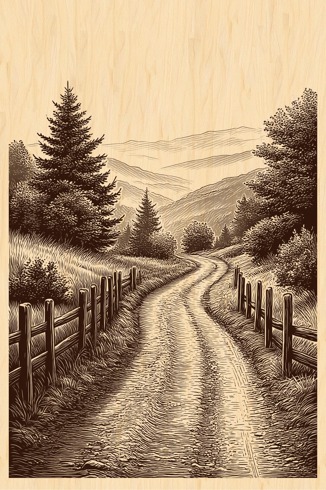 Rustic Country Road Engraving PNG, Vintage Farm Fence Landscape Art ...