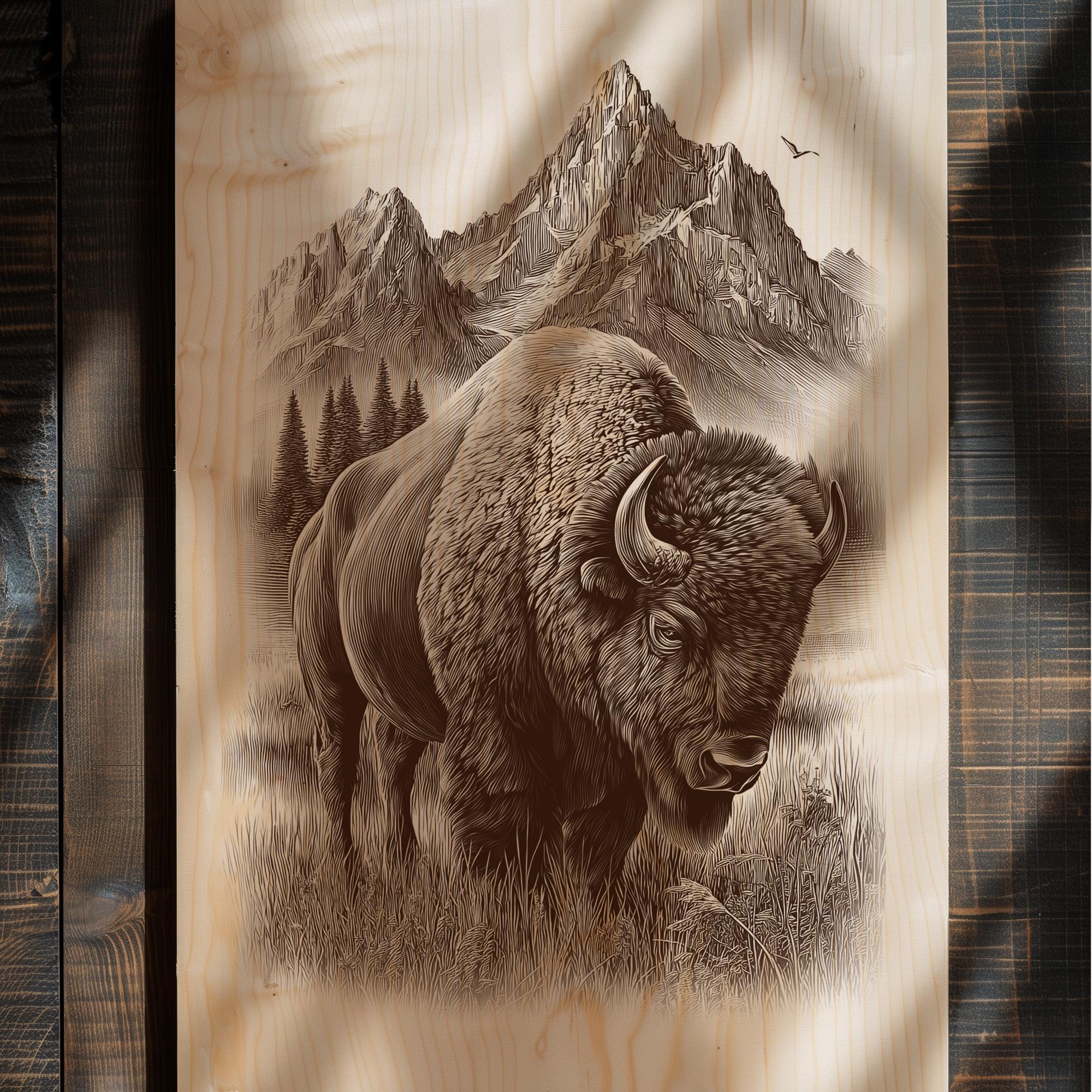 Majestic Bison in Mountain Valley | Rustic Wildlife Engraving PNG ...