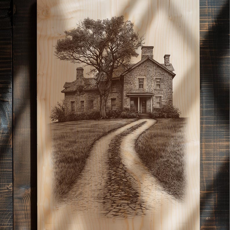Rustic Stone Farmhouse Wood Engraving | Country Estate Illustration ...