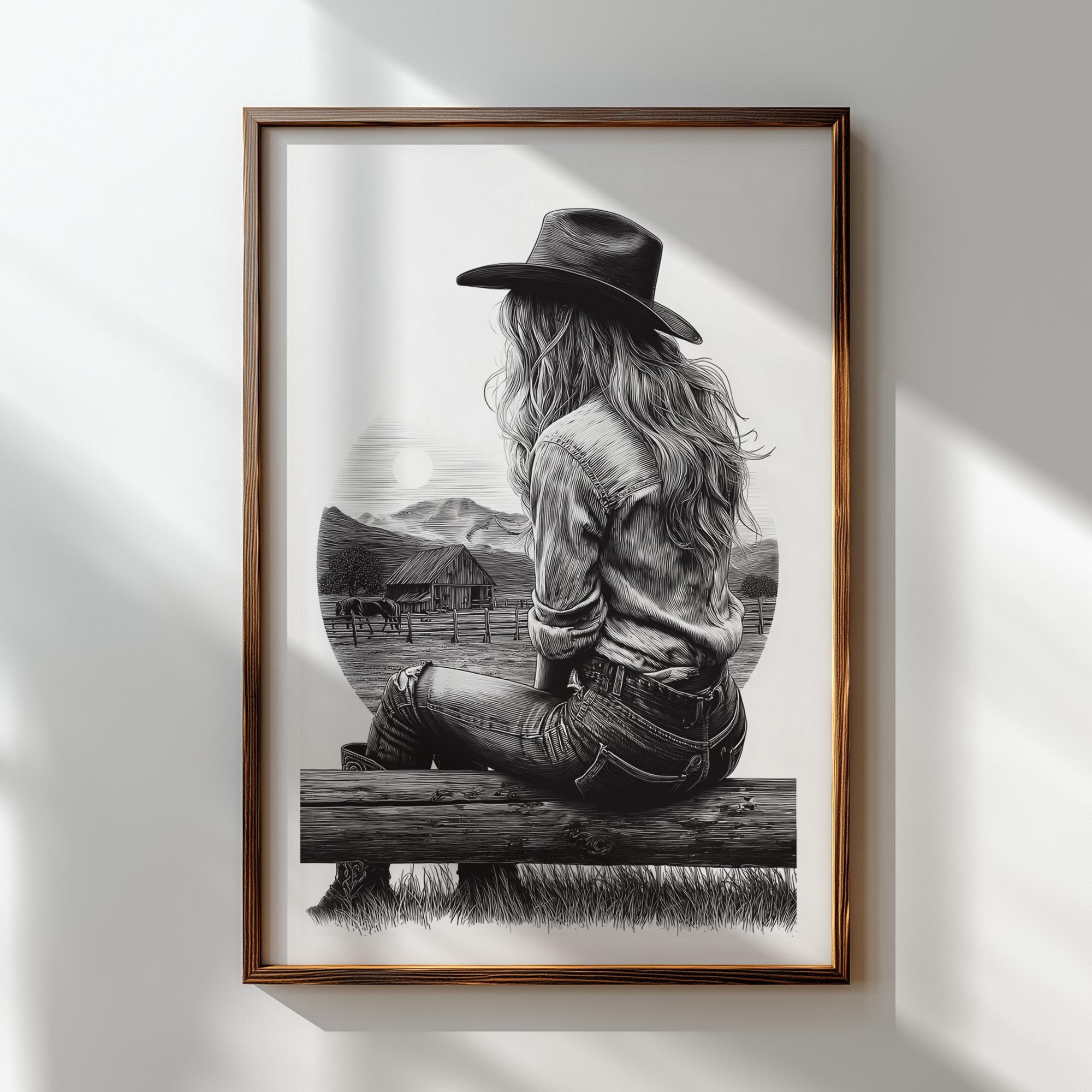 Cowgirl Looking at Ranch PNG | Western Solitude Engraving File | Rustic ...