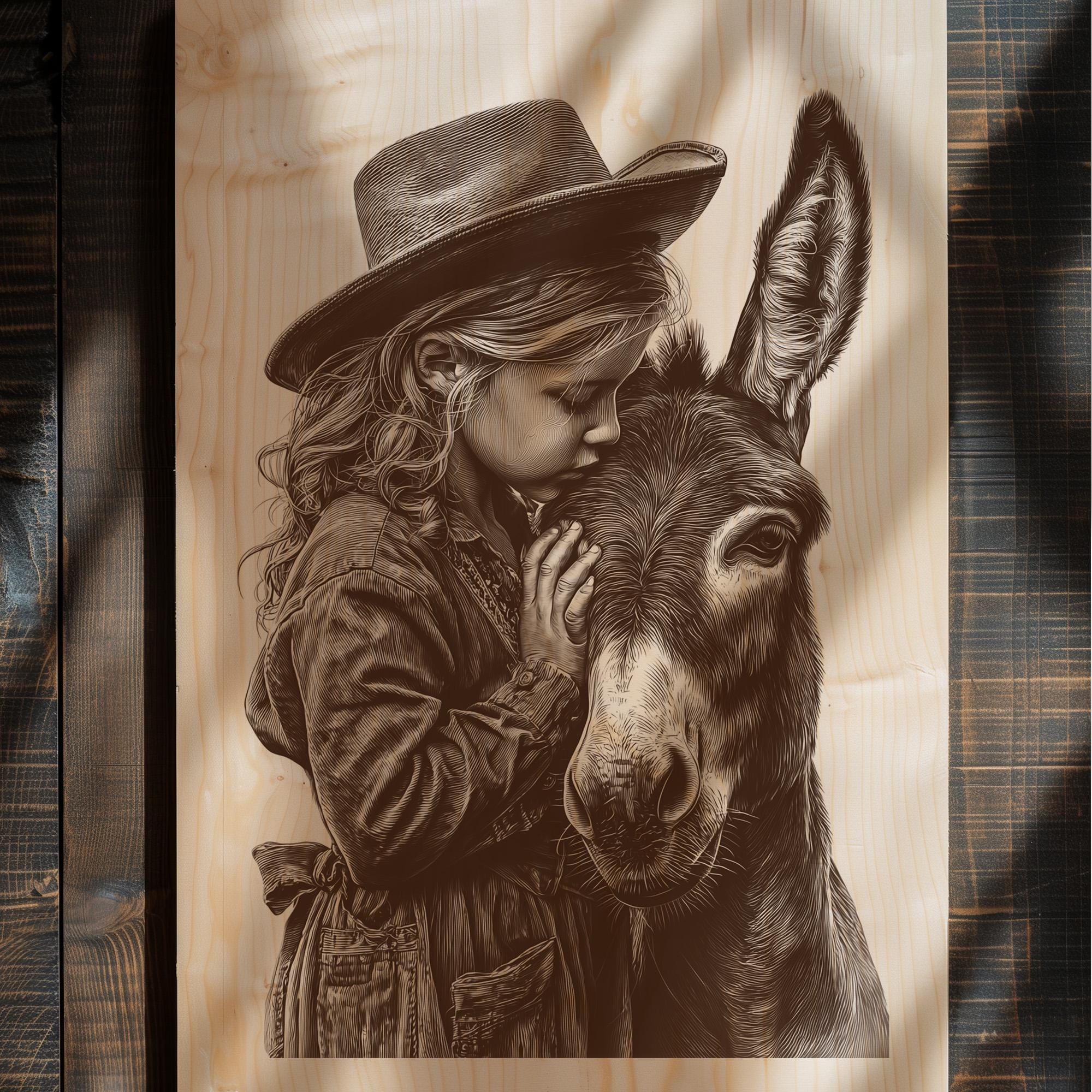 Rustic Girl and Donkey Engraving PNG | Western Farmhouse Wall Art ...