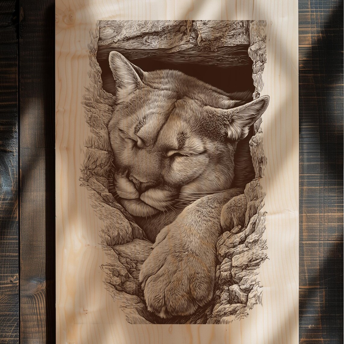 Sleeping Cougar Wood Engraving PNG | Mountain Lion Wildlife Art ...