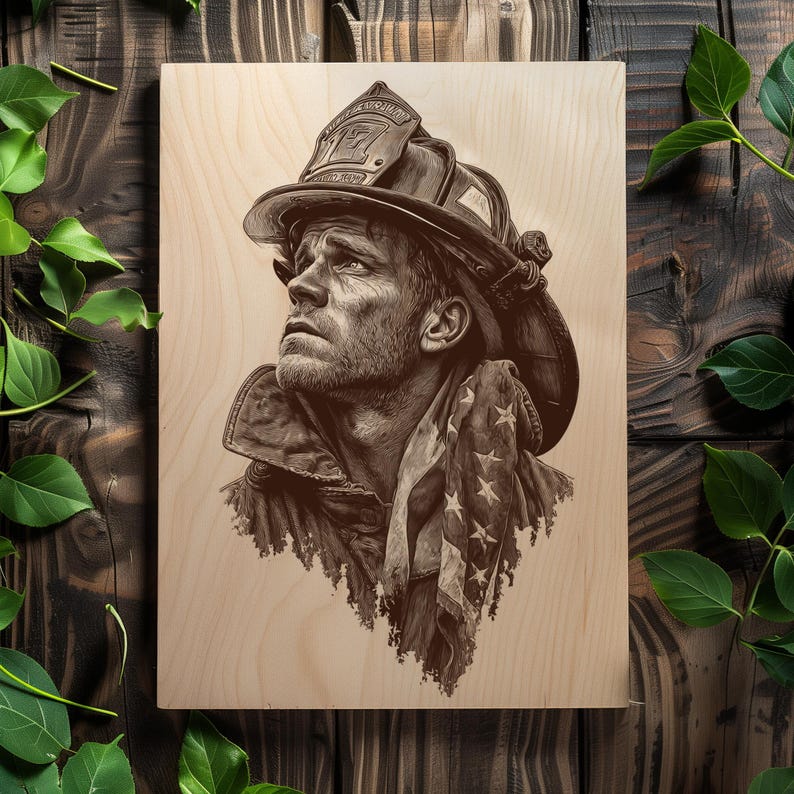 Firefighter Tribute Engraving PNG | Heroic Fireman Portrait Art | First ...