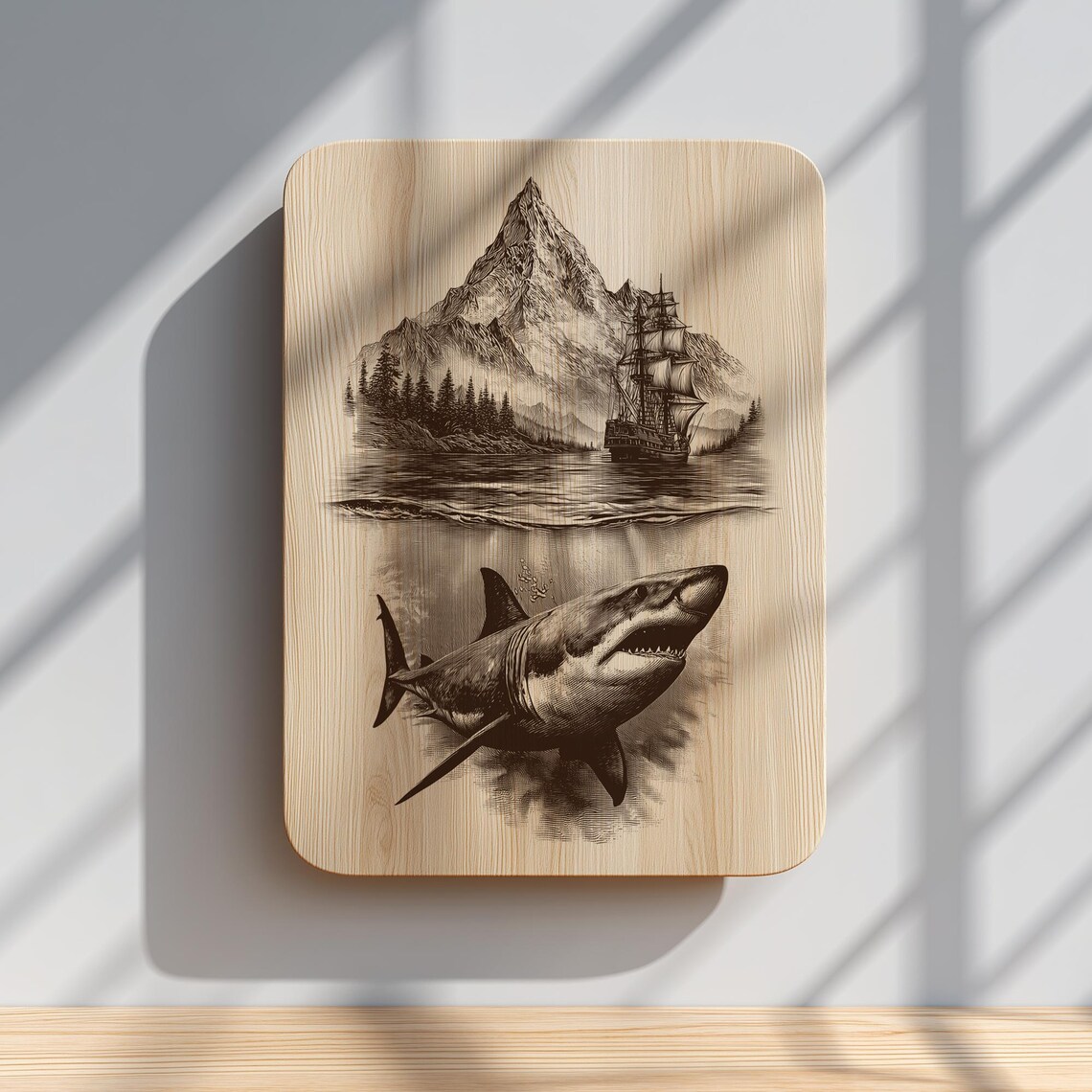 Shark & Sailing Ship Engraving PNG | Mountain Ocean Scene for Laser and ...