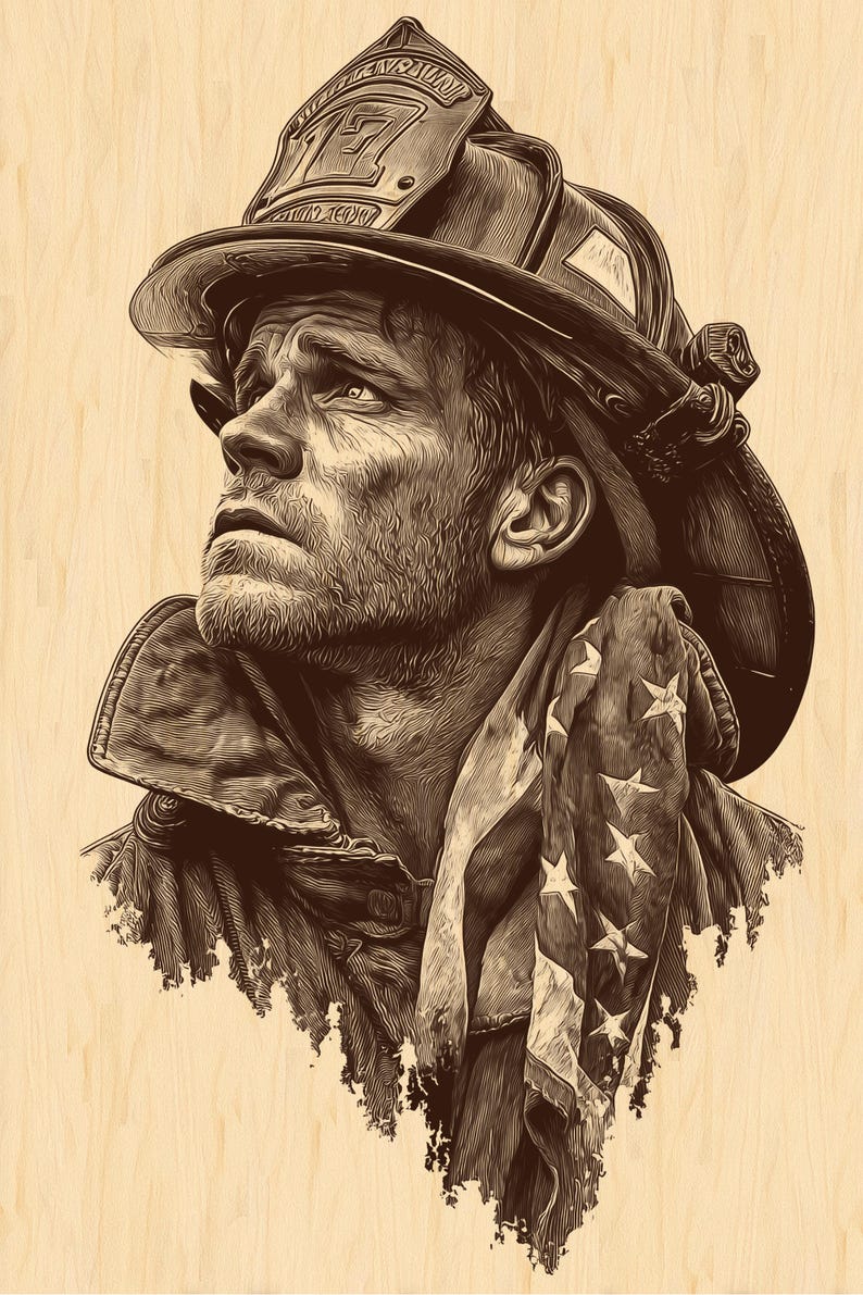 Firefighter Tribute Engraving PNG | Heroic Fireman Portrait Art | First ...
