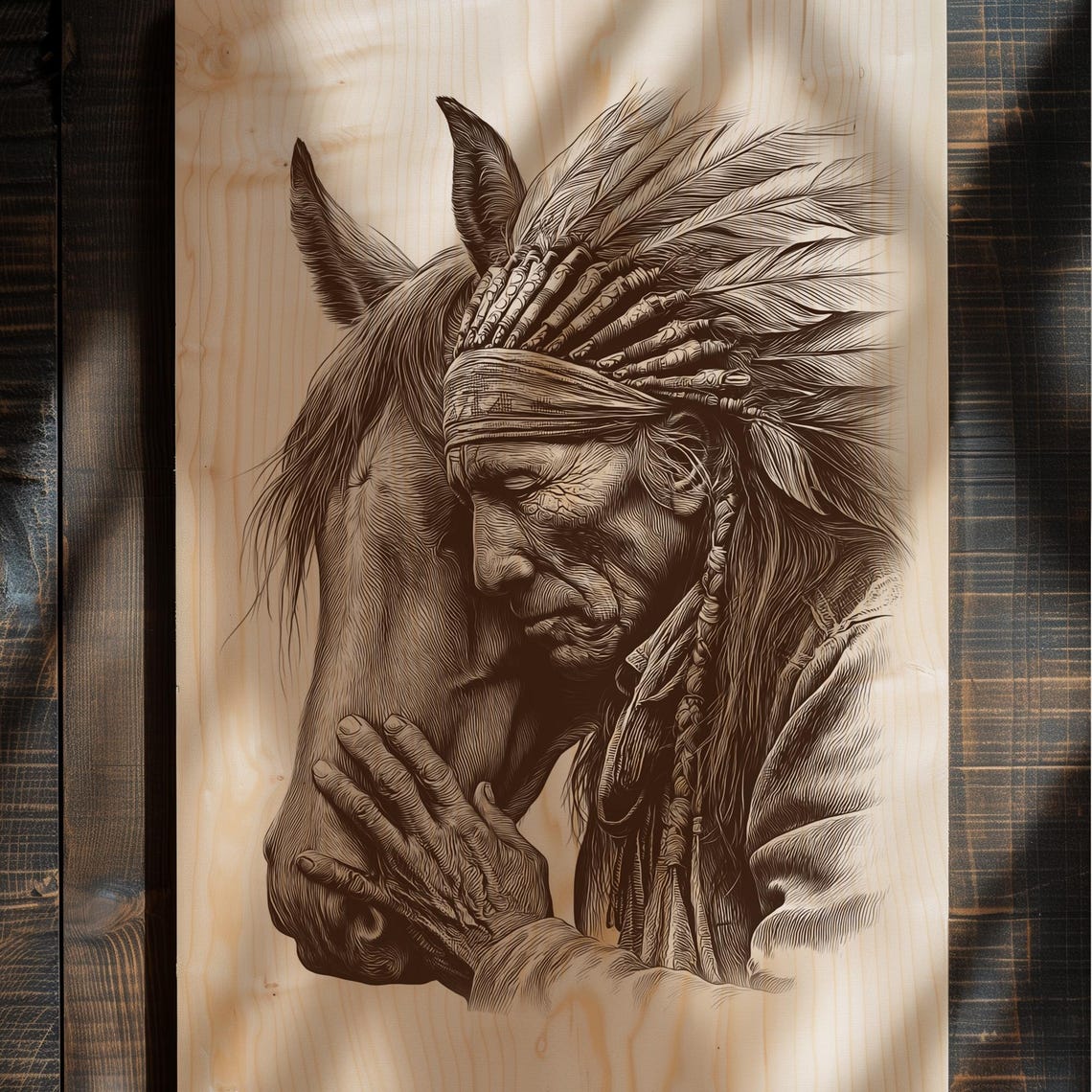 Native Elder With Horse PNG | Rustic Wood Engraving Design | Spiritual ...
