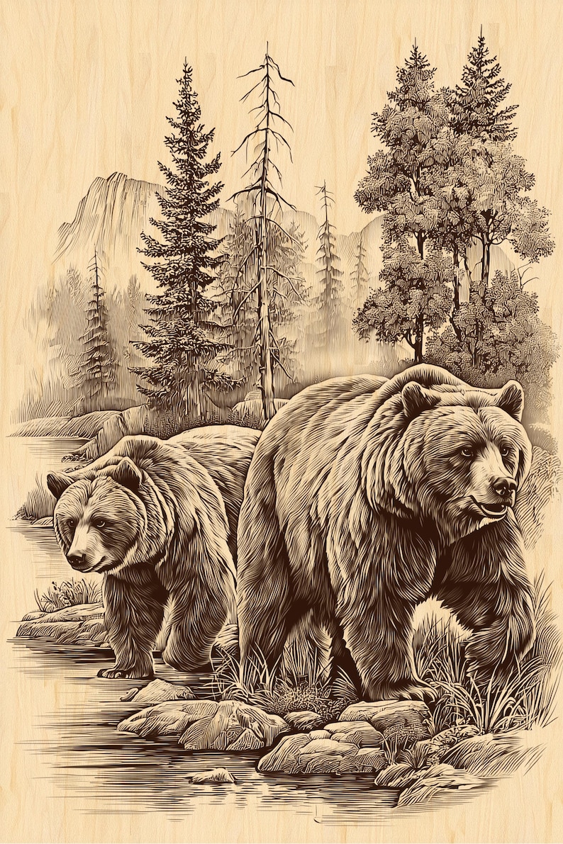 Bear Family Engraving PNG | Grizzly Bear Wildlife Scene for Glowforge ...