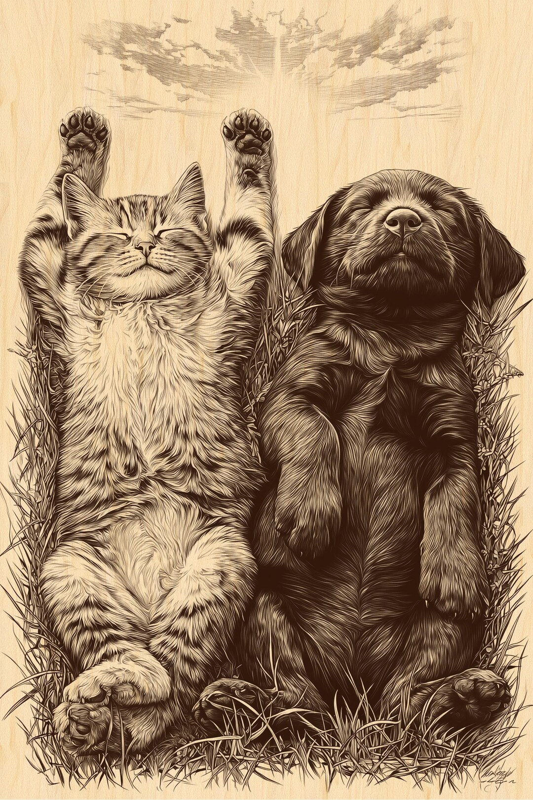 Sleeping Cat and Dog Engraving PNG | Peaceful Companions Rustic Animal ...