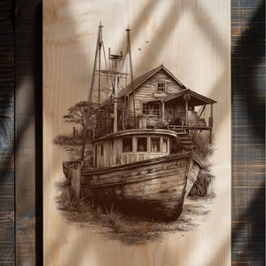 Fishing Boat Engraving PNG | Rustic Coastal Cabin Scene | Vintage ...