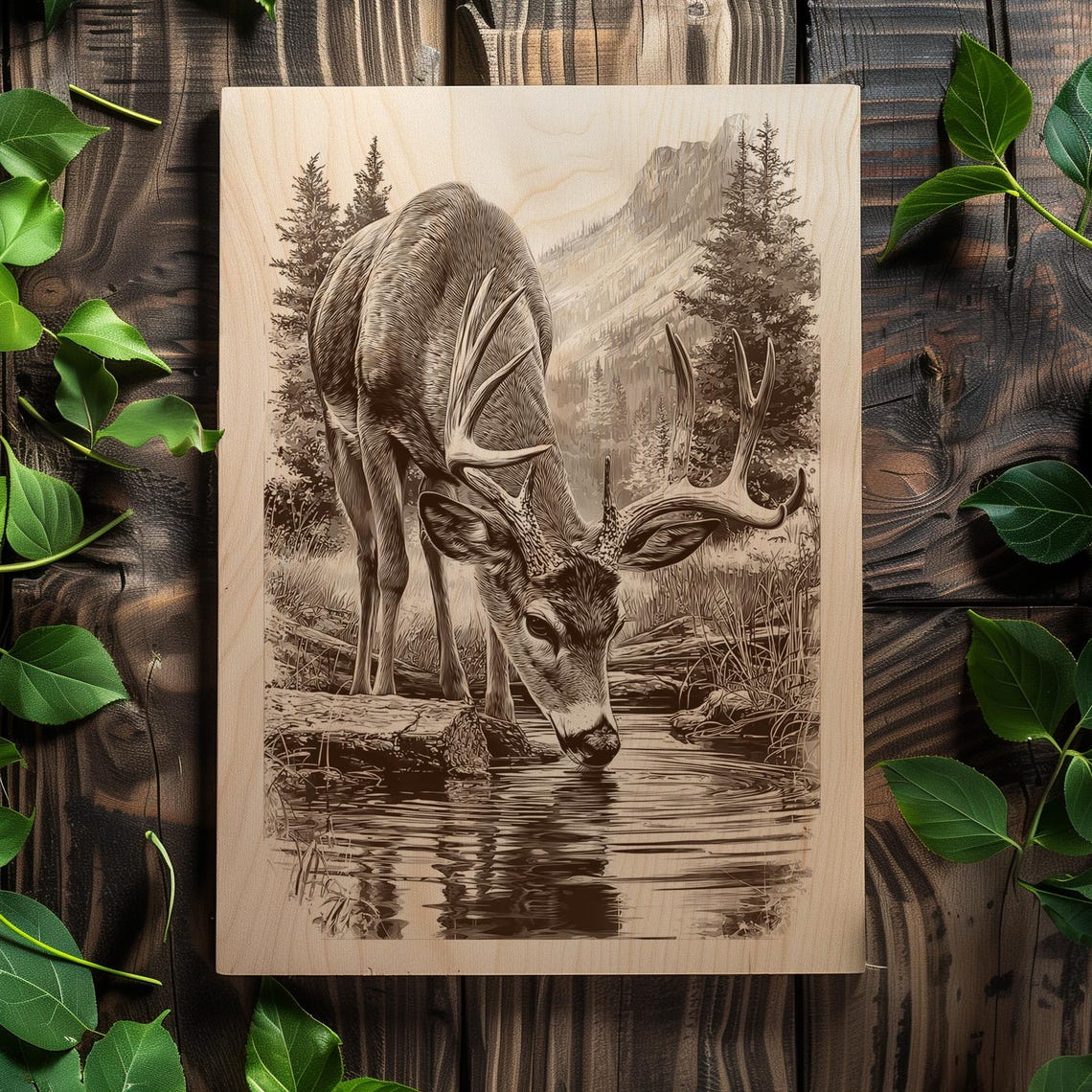 Deer Drinking Engraving PNG | Rustic Wildlife Digital File | Buck Laser ...