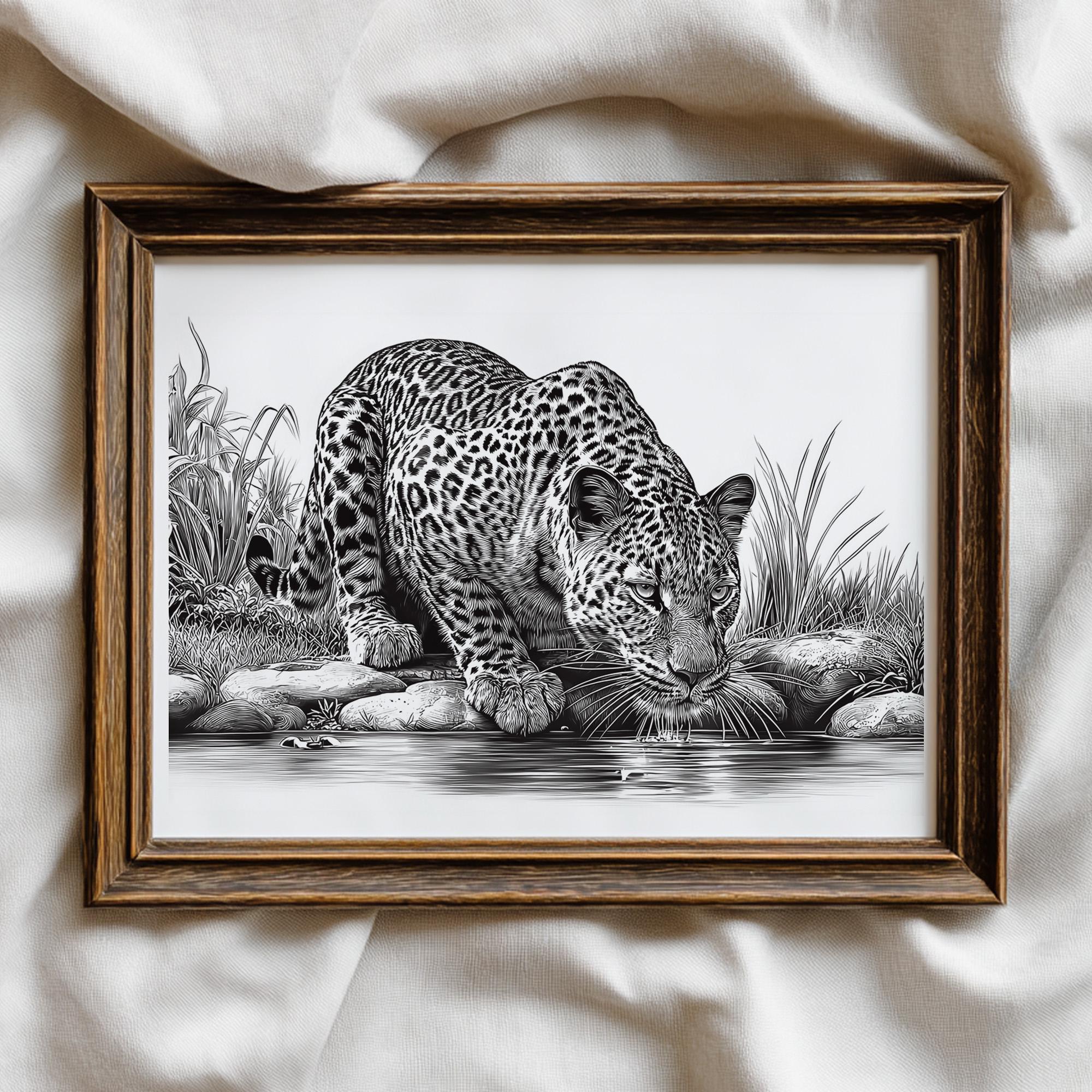 Leopard Drinking at River | Wild Cat Wood Engraving PNG | High-detail ...