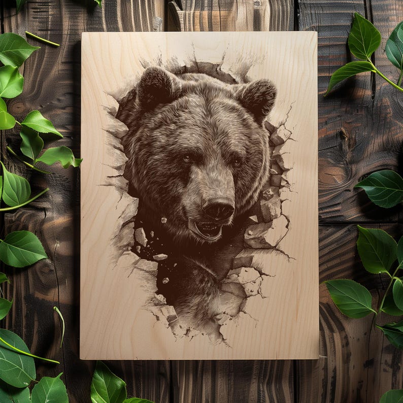 Grizzly Bear Breaking Wall PNG | Bold Wood Engraving File | Rustic ...
