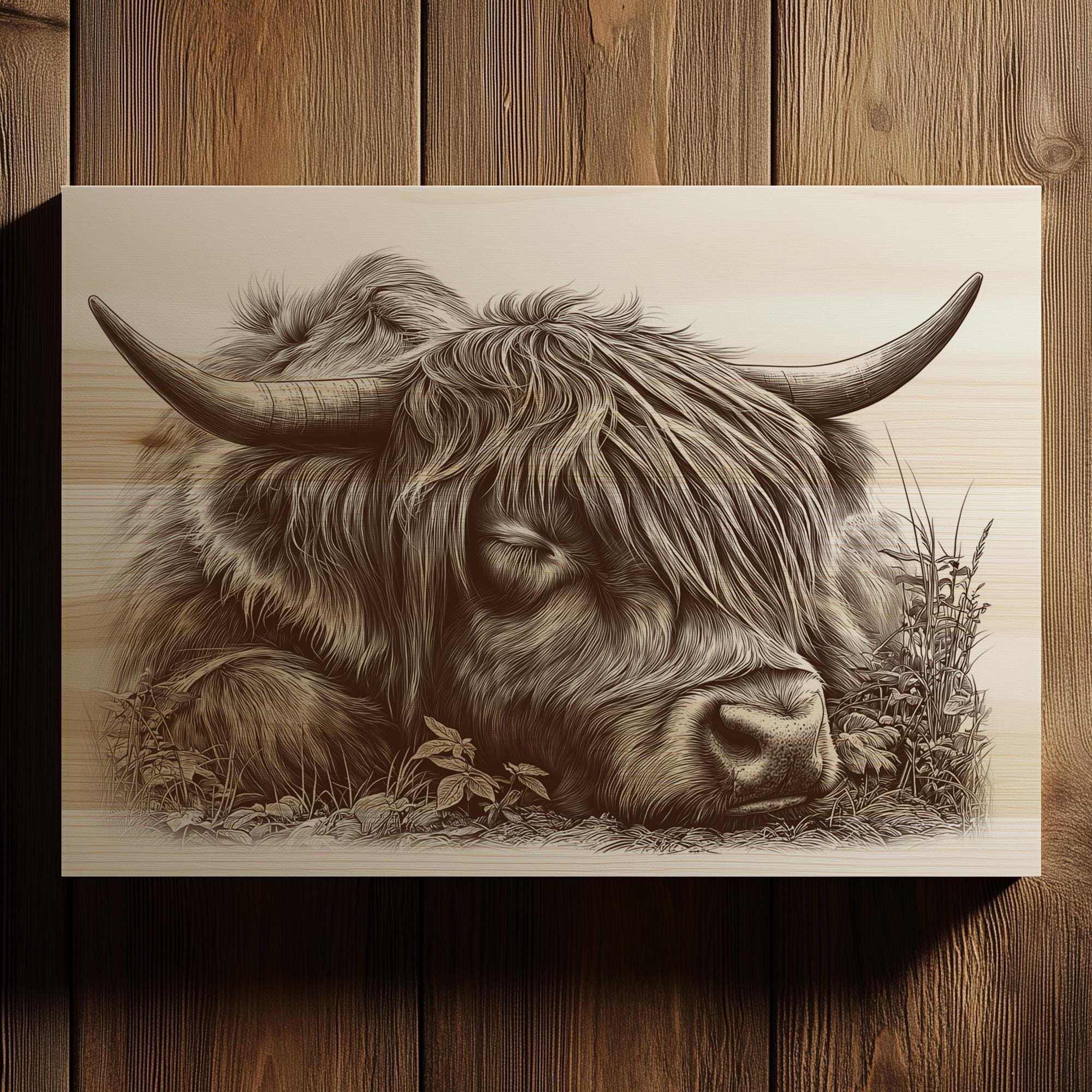 Sleeping Highland Cow Engraving PNG | Rustic Western Wood Art ...