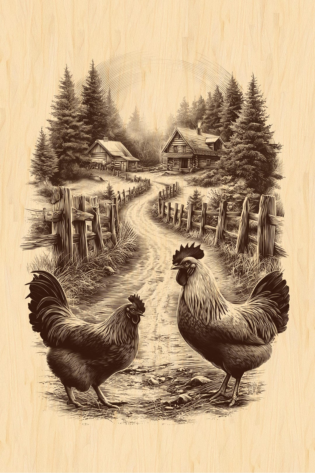 Farm Rooster and Hen PNG | Rustic Cabin Path Engraving File | Country ...