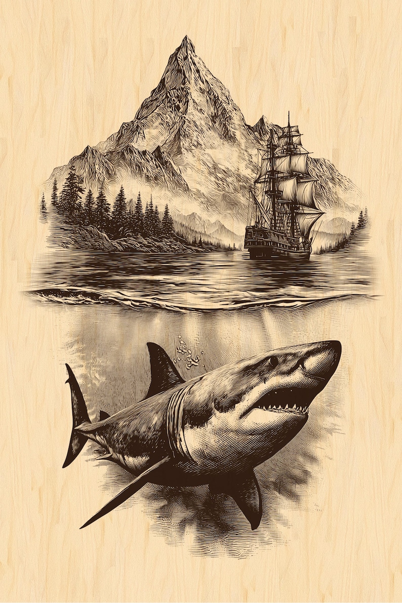Shark & Sailing Ship Engraving PNG | Mountain Ocean Scene for Laser and ...