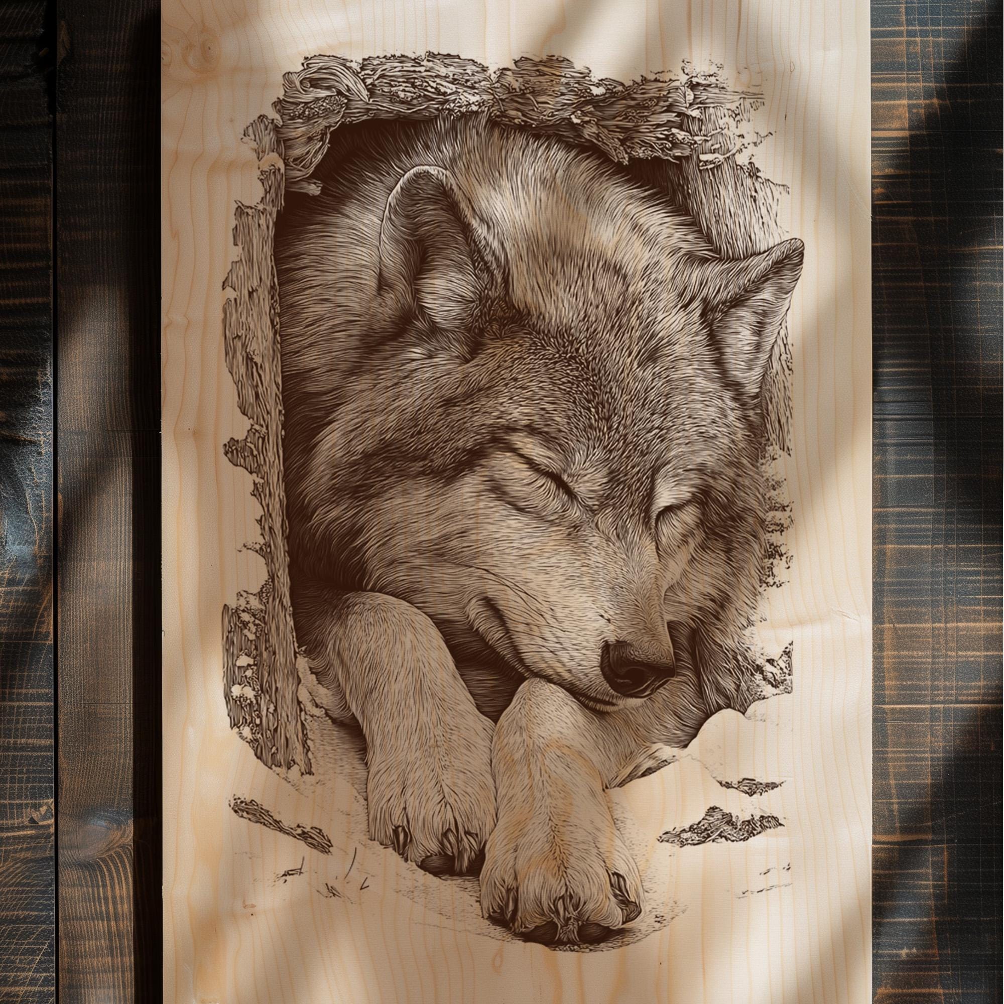 Sleeping Wolf Wood Engraving PNG | Rustic Wildlife Line Art in Log ...