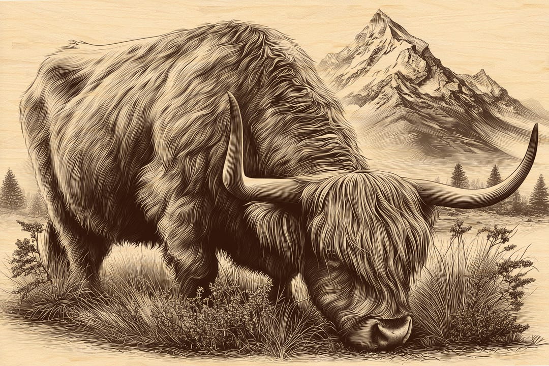 Highland Bull Engraving PNG | Rustic Western Wood Art | Wildlife Laser ...