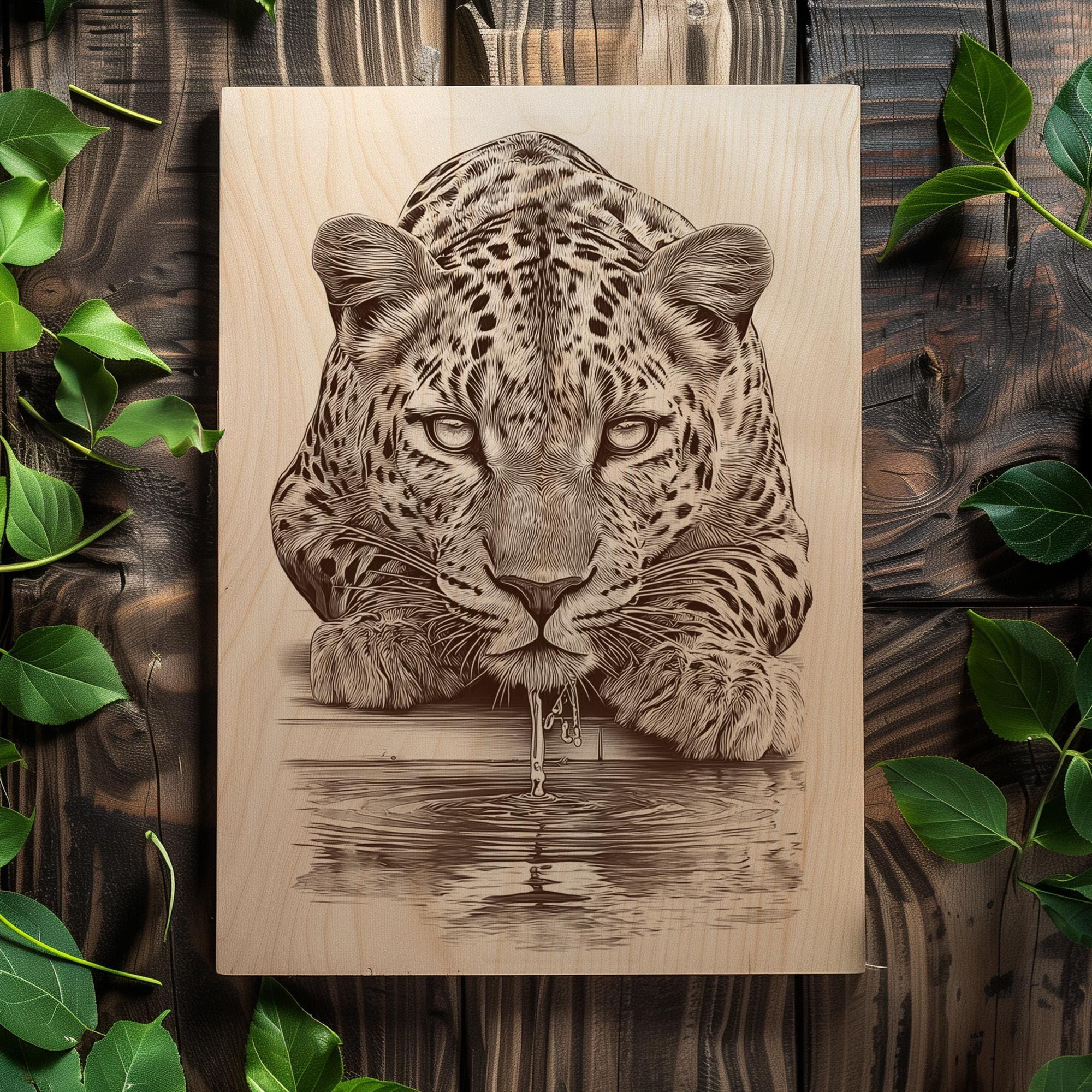 Leopard Wood Engraving PNG | Vintage Big Cat Laser Art for Slate & Wood ...