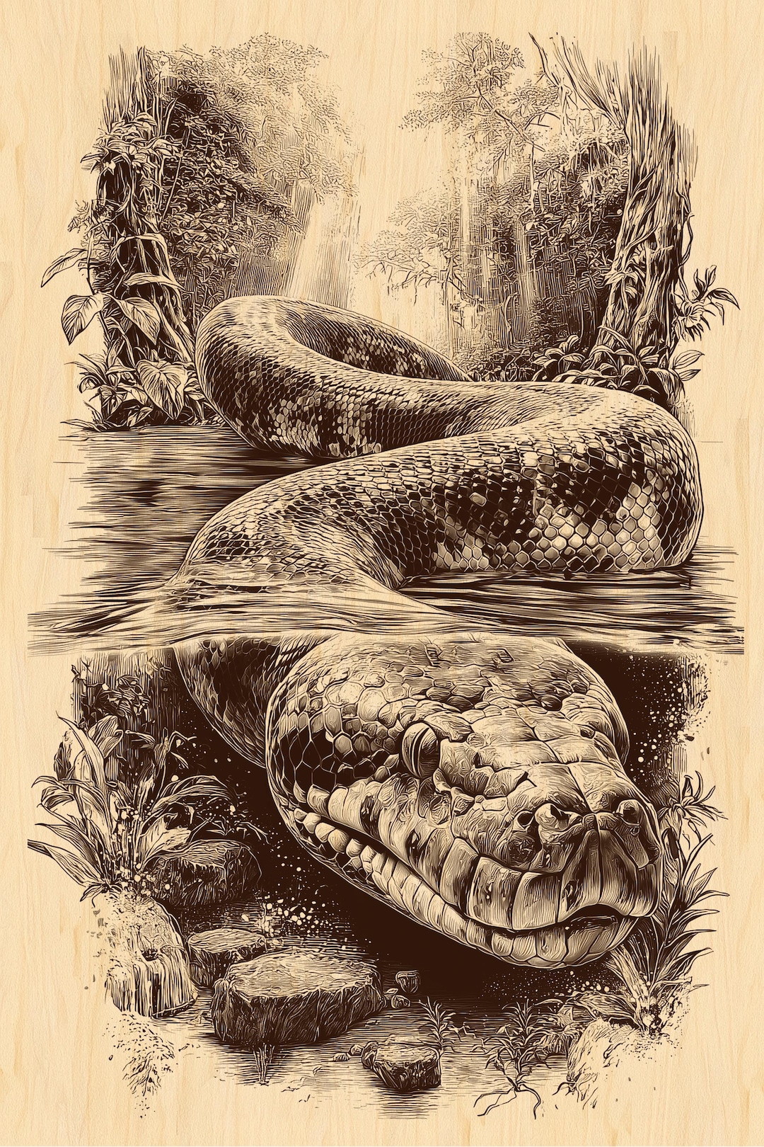 Anaconda Engraving PNG | Jungle Serpent Wildlife Art | Snake Woodcut ...