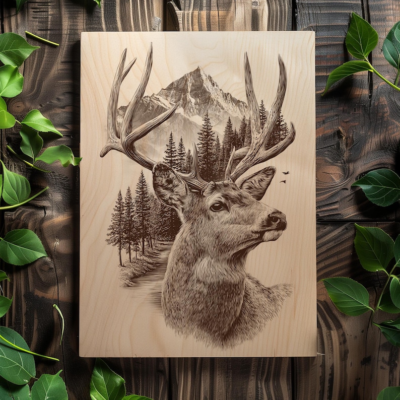 Majestic Deer Engraving PNG | Mountain Forest Wood Art | Stag ...