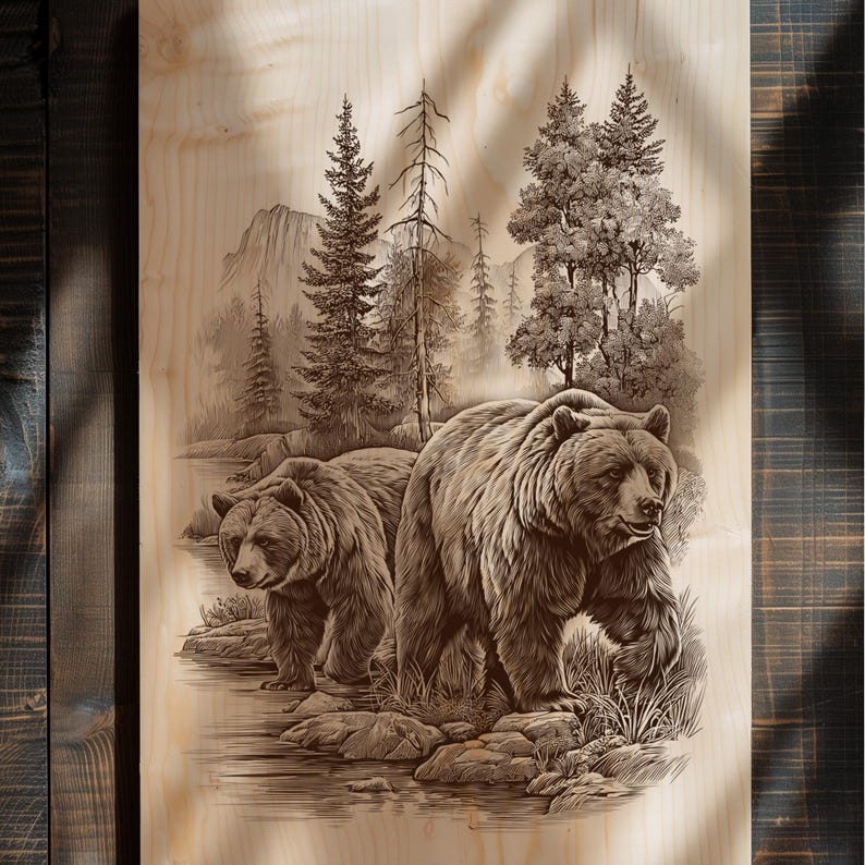 Bear Family Engraving PNG | Grizzly Bear Wildlife Scene for Glowforge ...