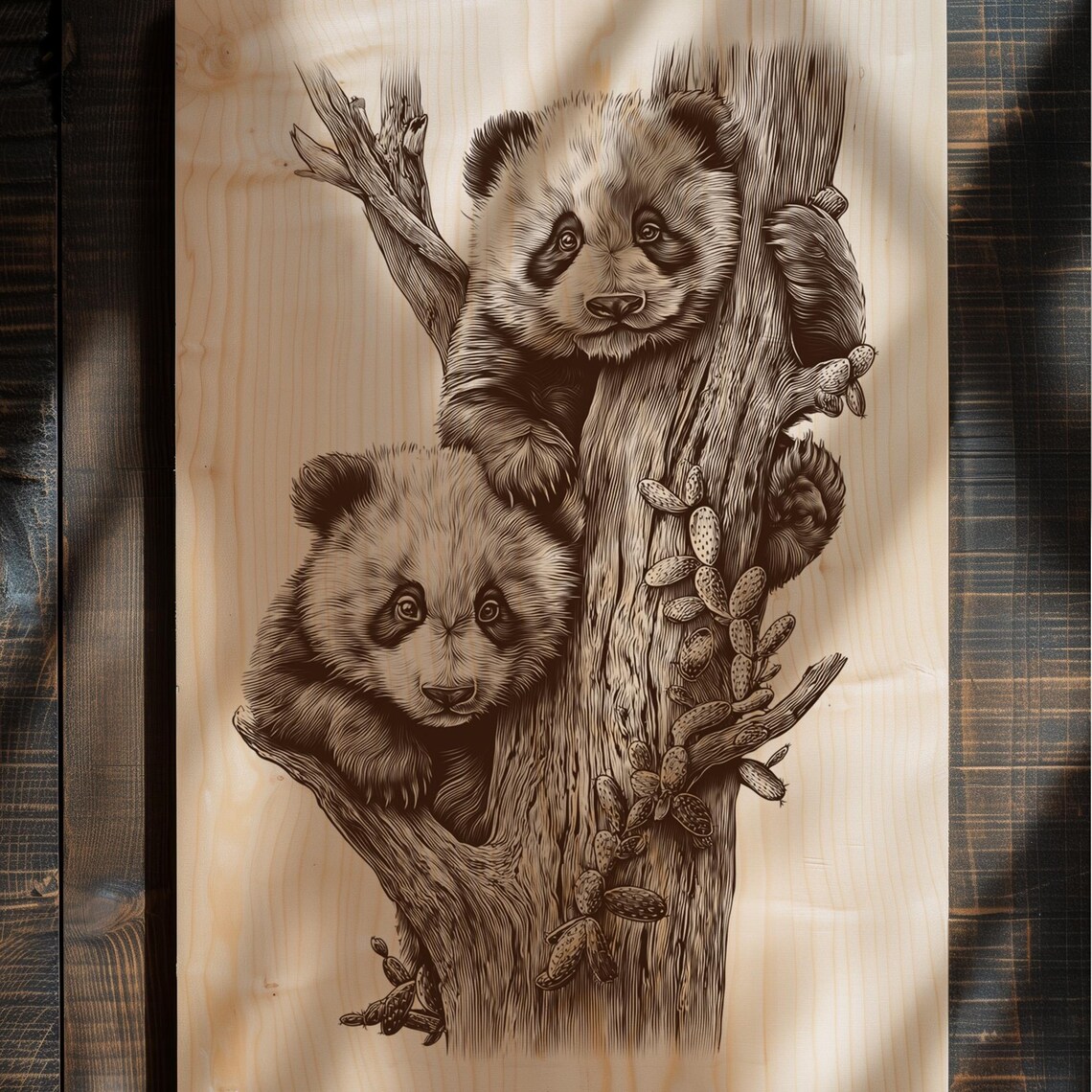 Baby Panda Engraving PNG | Cute Animal Wood Art | Adorable Bear Cubs in ...