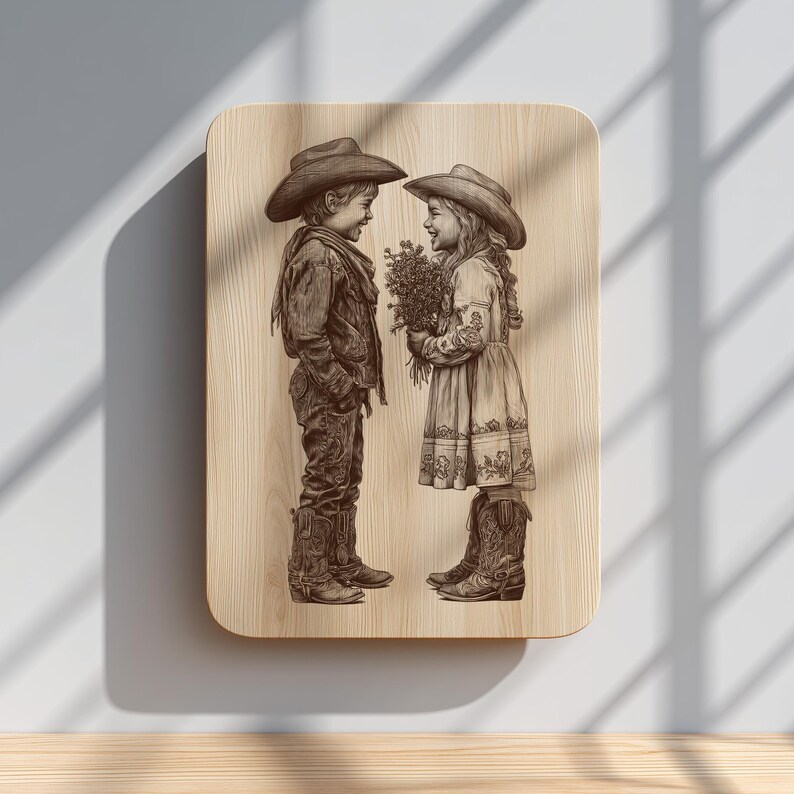 Cowboy Kids Wood Engraving PNG | Western Boy & Girl Art | Rustic ...