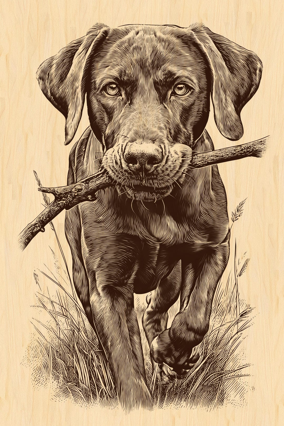 Hunting Dog With Stick PNG | Rustic Labrador Wood Engraving Design ...