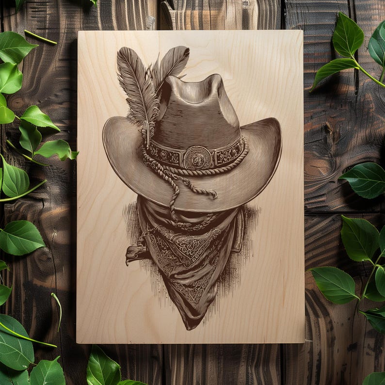 Cowboy Hat & Bandana Wood Engraving PNG | Western Rustic Laser File ...