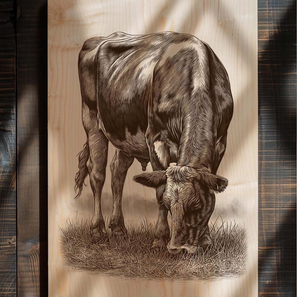 Cow Engraving PNG | Rustic Farmhouse Cow Clipart | Grazing Cow Laser ...