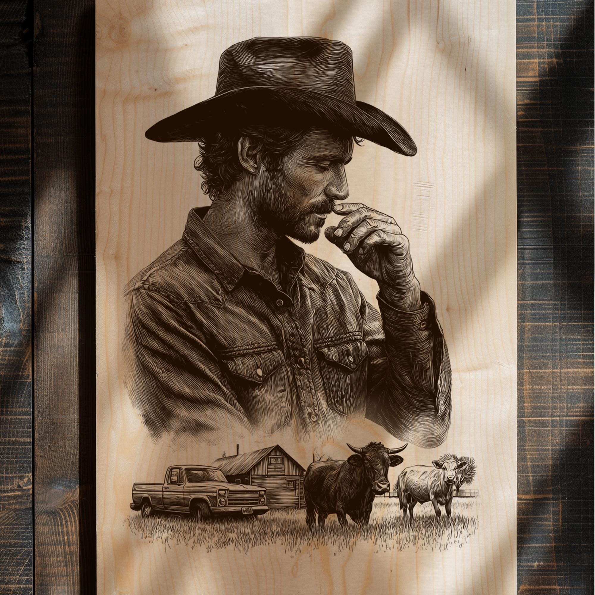 Cowboy Engraving PNG | Rustic Farmer Art | Western Heritage Laser ...