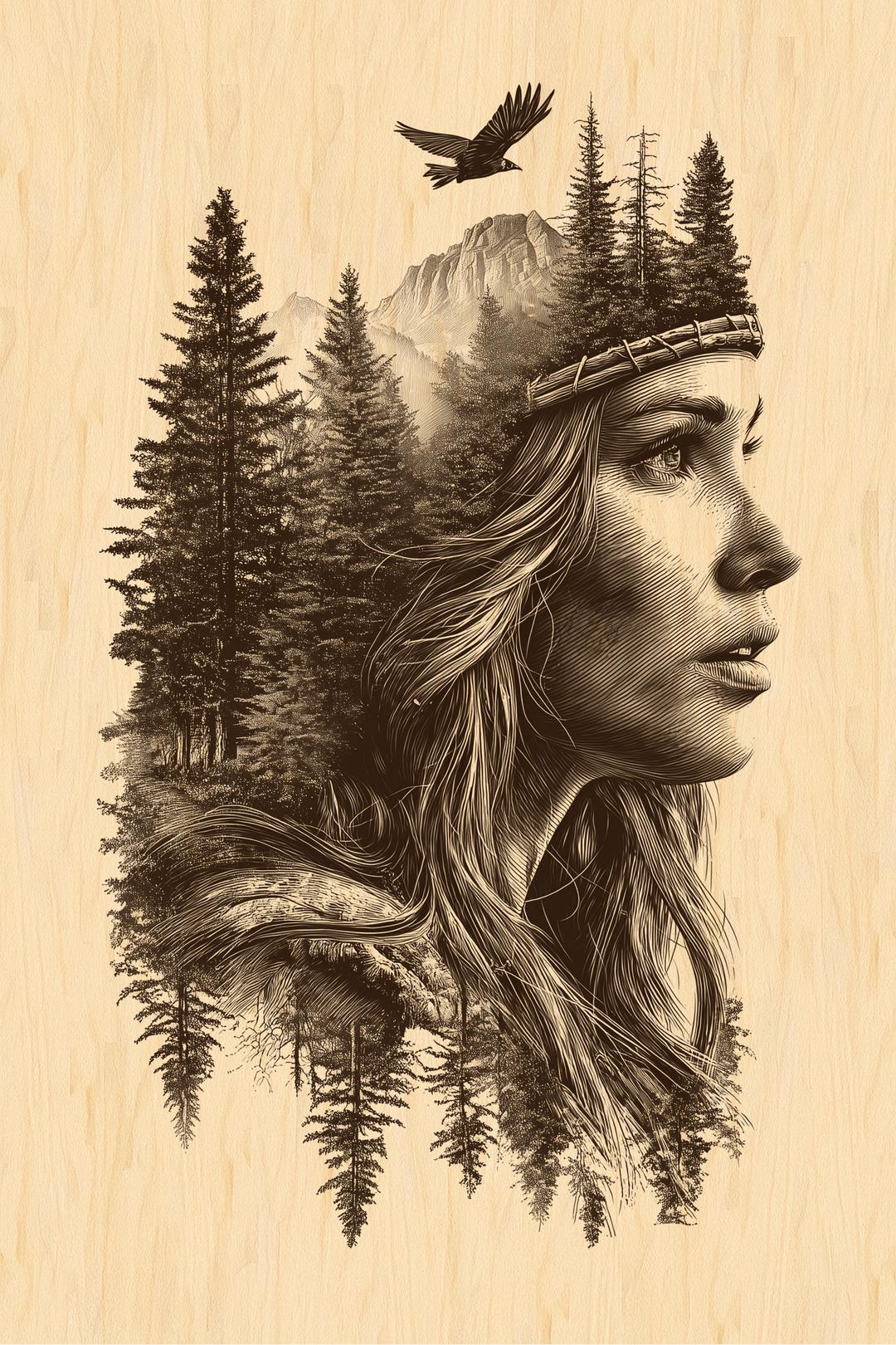 Double Exposure Tribal Woman PNG | Forest Spirit Engraving Art ...