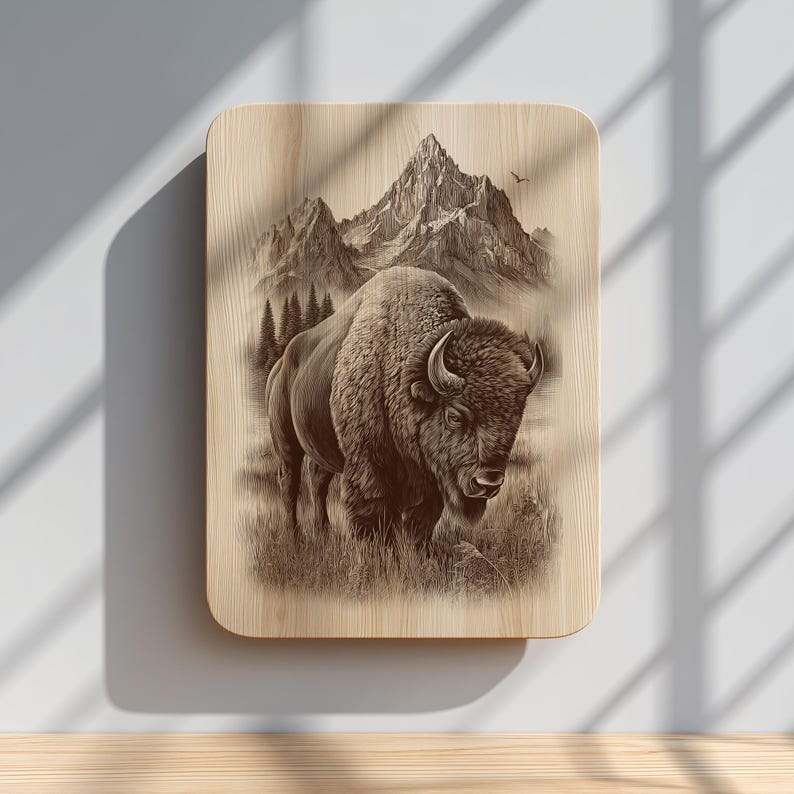 Majestic Bison in Mountain Valley | Rustic Wildlife Engraving PNG ...