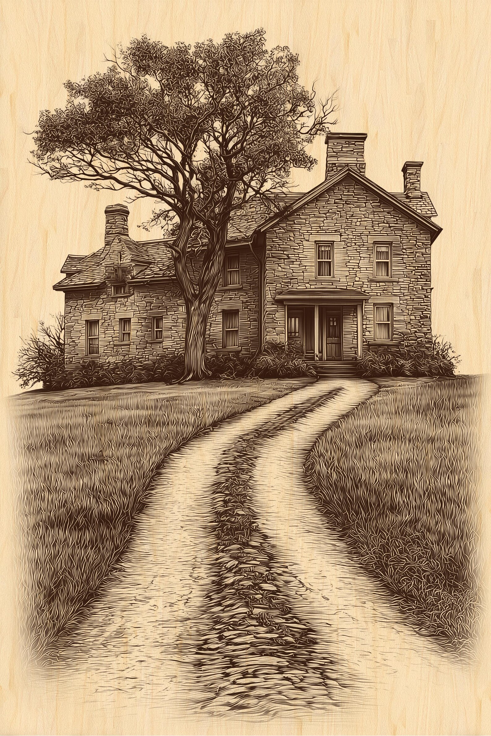 Rustic Stone Farmhouse Wood Engraving | Country Estate Illustration ...