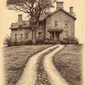 Rustic Stone Farmhouse Wood Engraving | Country Estate Illustration ...