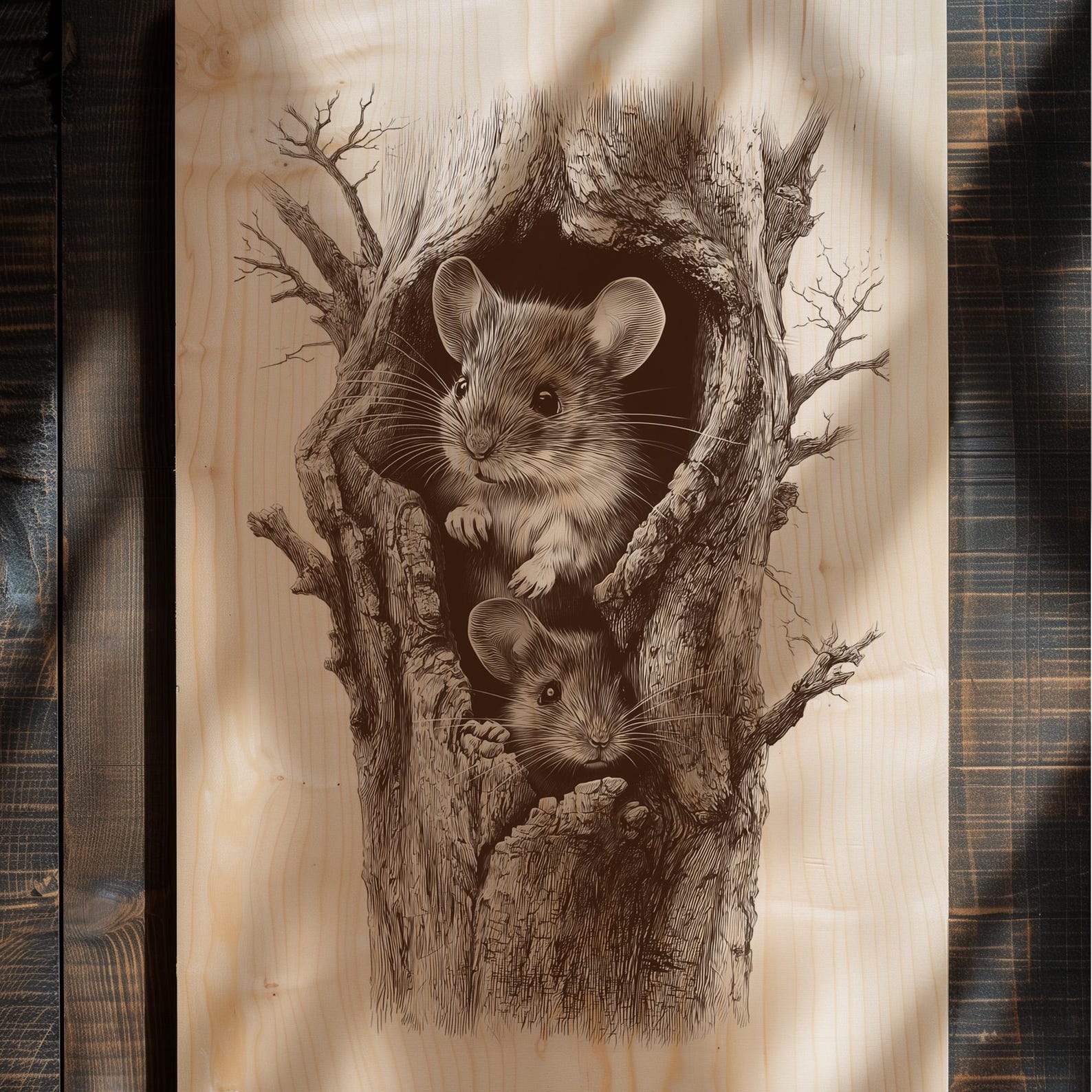 Rustic Mouse Engraving PNG | Woodland Animals in Tree Hollow | Cute ...