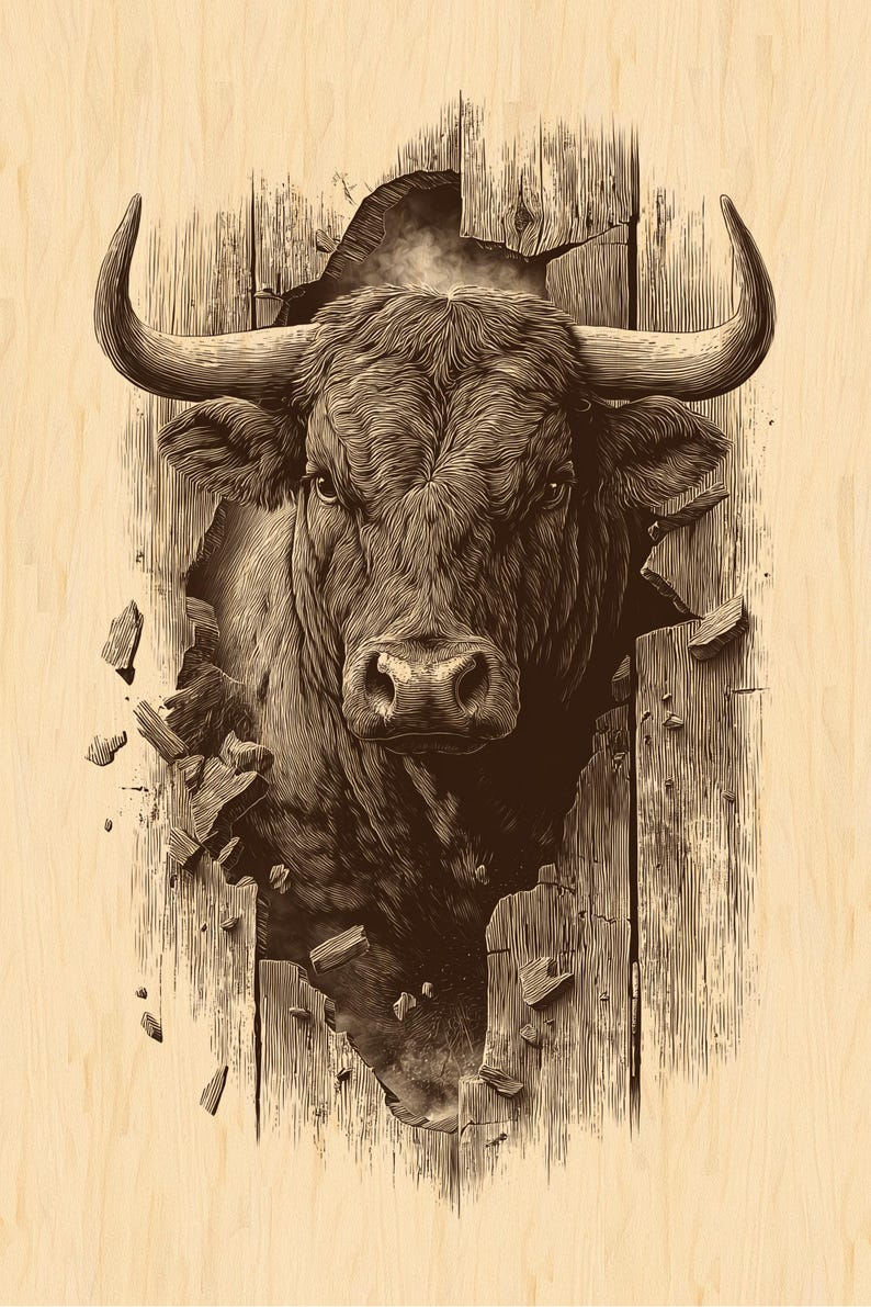 Powerful Bull Breaking Through Wall PNG | Rustic Western Engraving File ...
