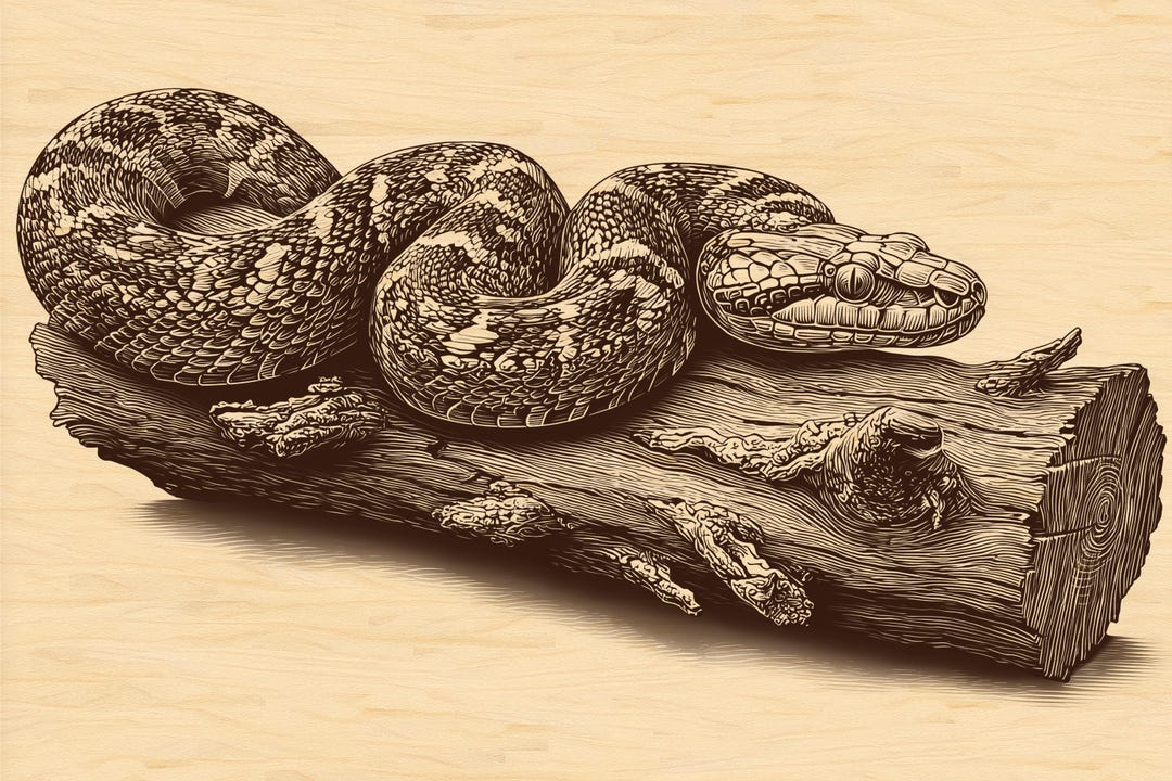 Rattlesnake Engraving Art | Snake on Log Woodcut | Rustic Hunter Decor ...