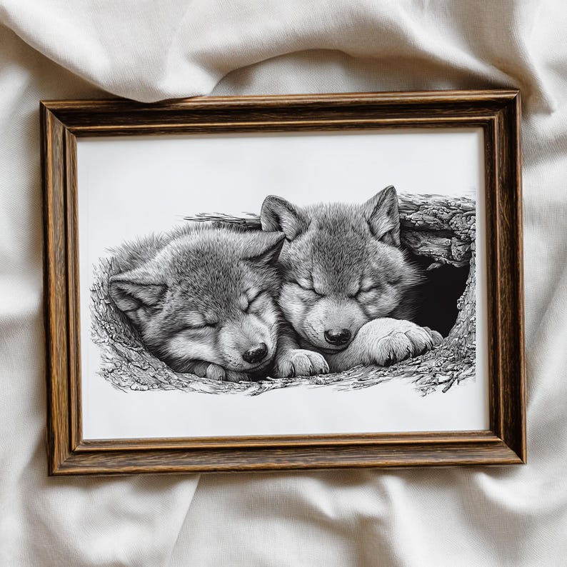Sleeping Wolf Pups Wood Engraving PNG | Cute Wolf Cubs Line Art for ...