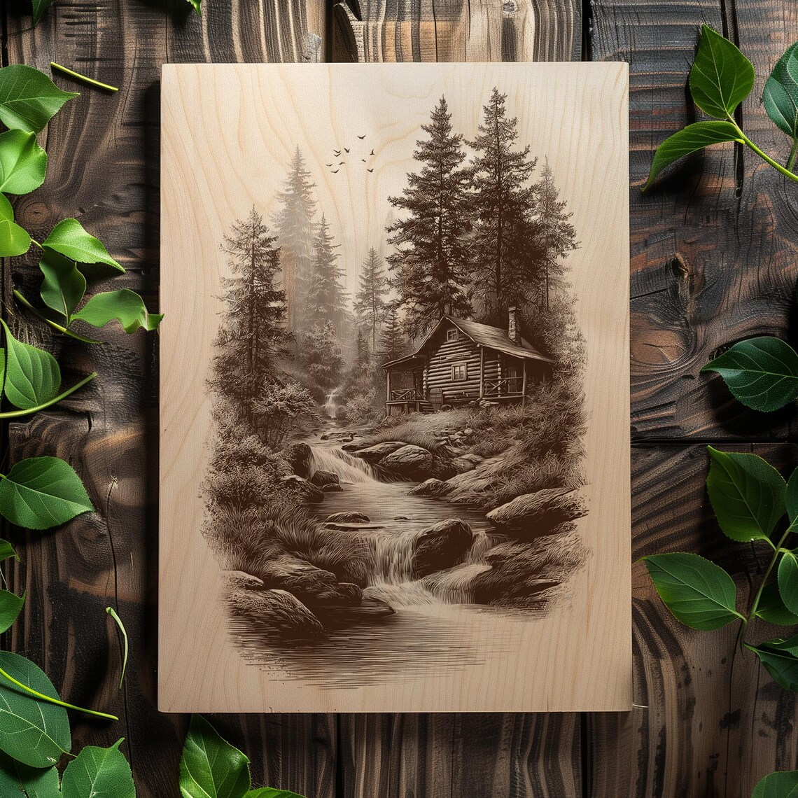 Rustic Cabin Engraving PNG | Log Cabin in Forest With River ...