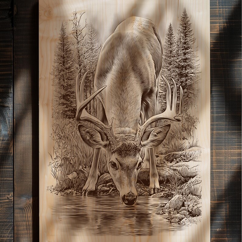 Deer Engraving PNG | White-tailed Stag Drinking at Forest Stream ...