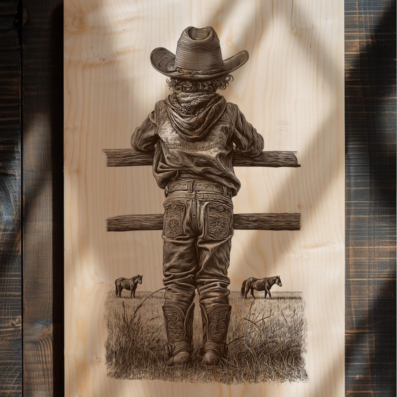 Cowboy Kid With Horses PNG | Western Wood Engraving Design | Rustic ...
